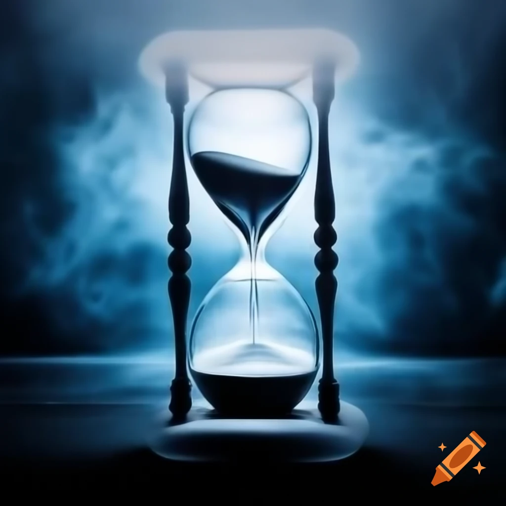 Dramatic hourglass symbolizing the passage of time in misty blue and ...