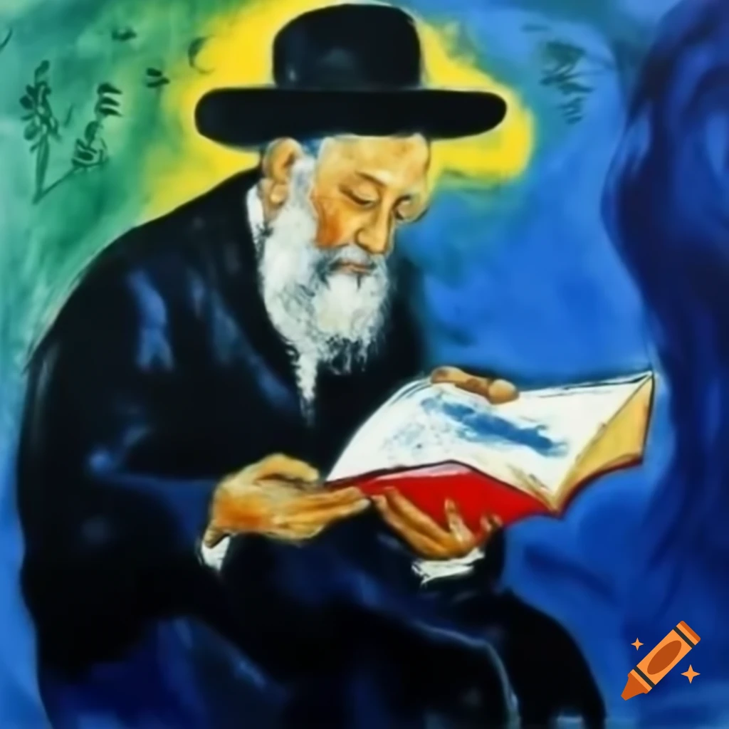 Rabbi reading Talmud in blue and white Chagall style on Craiyon