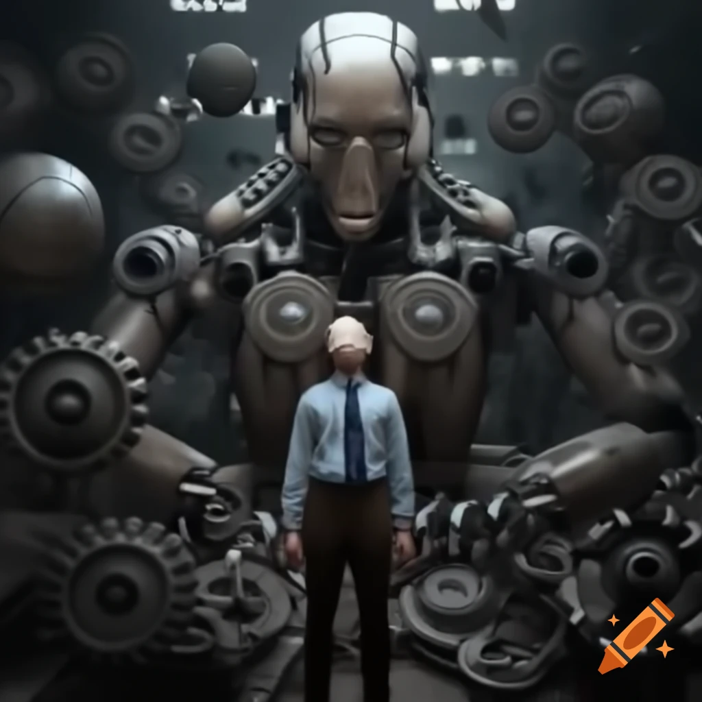 Giant robot personifying a factory with humans as gears on Craiyon