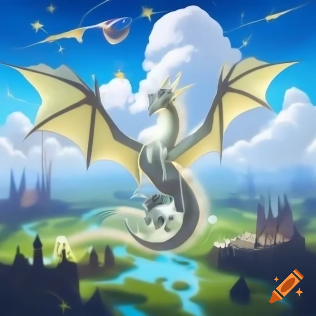 Luminous white wyvern with stained glass wings flying in aerial world ...