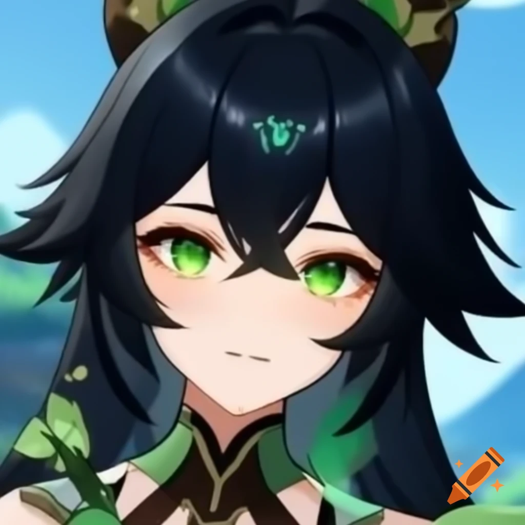 Lumine character from Genshin Impact with black hair and green eyes on ...