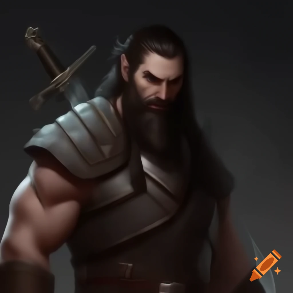 Muscular DND warrior in grey plate mail wielding two-handed sword on Craiyon