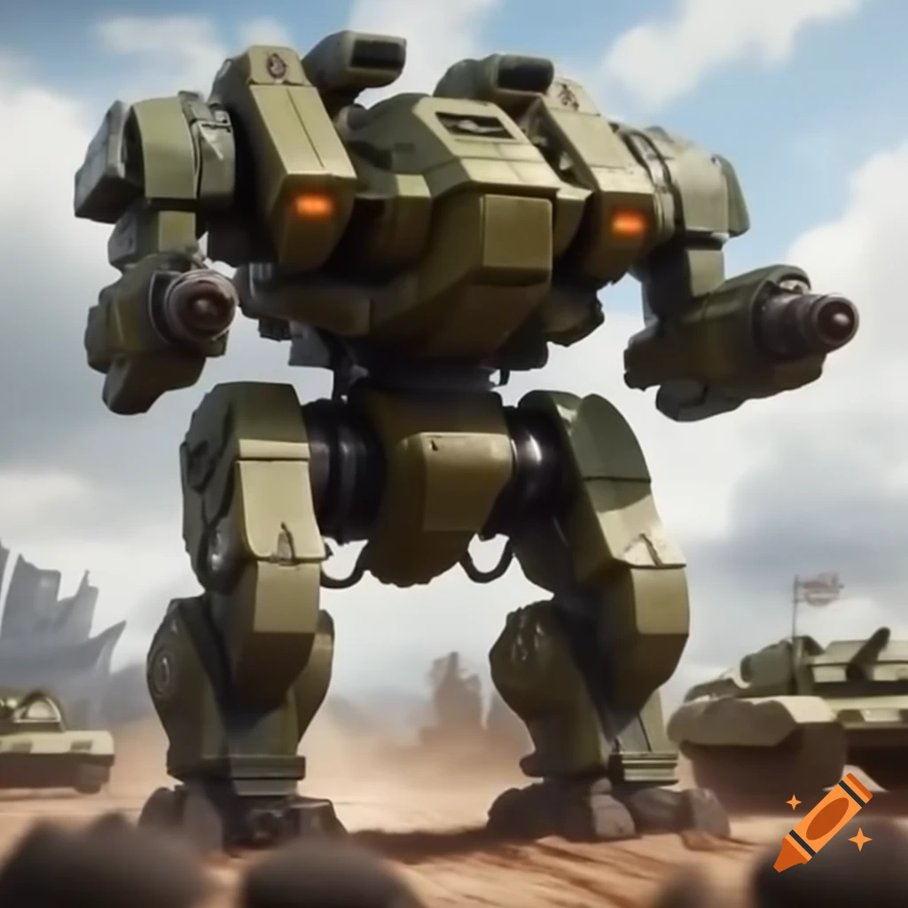 Heavily armored bipedal battle mech with angular military-inspired ...
