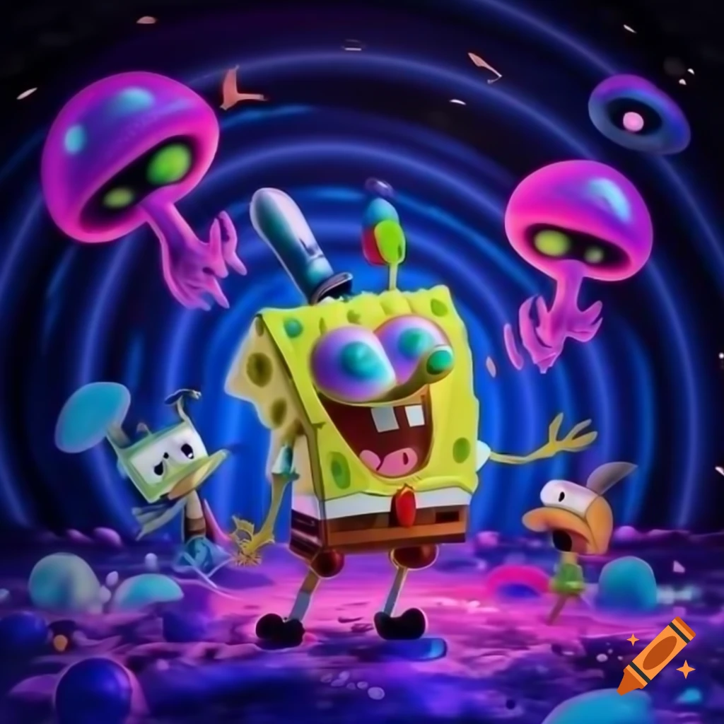 SpongeBob SquarePants as cosmic adventurer riding luminescent jellyfish ...