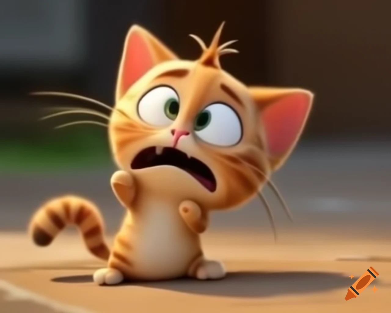Cartoon-style surprised kitten with puffed up tail on Craiyon