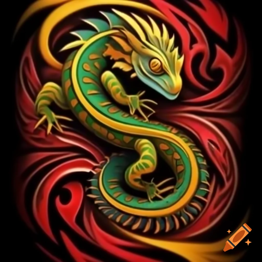 Polynesian-style lizard tattoo with tribal motifs in vibrant colors on ...