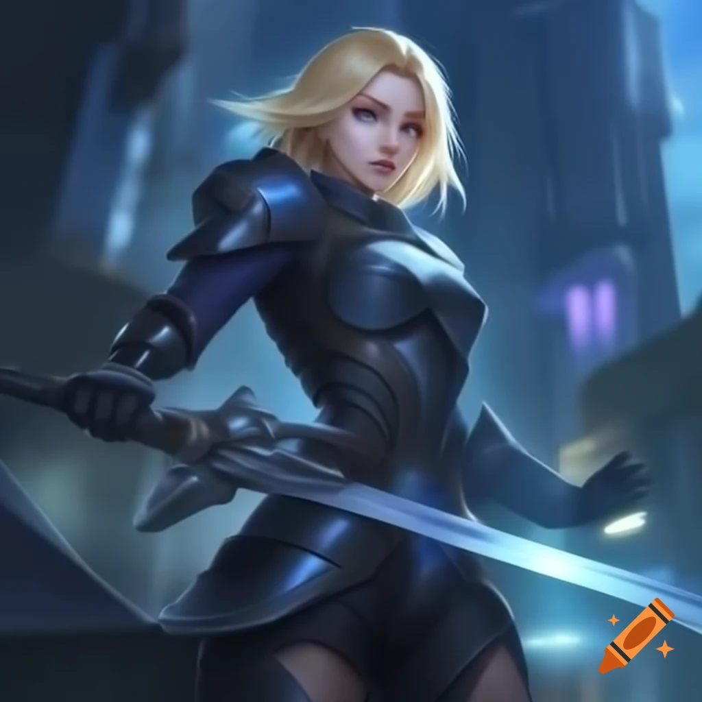 Young blonde woman in armor wielding sword in futuristic city on Craiyon