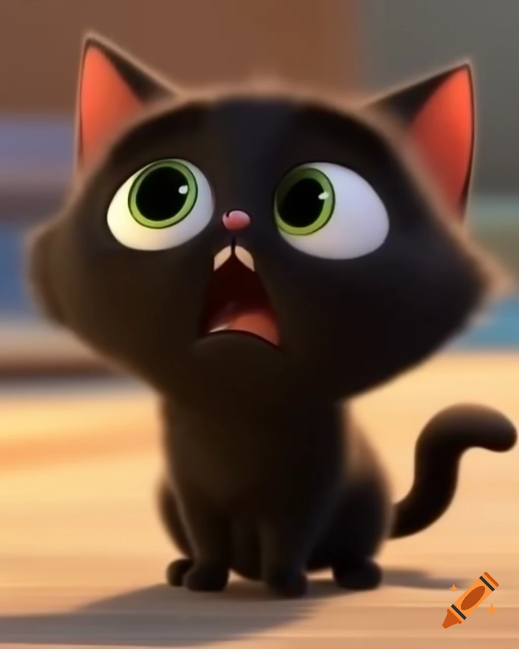 Surprised black kitten with puffed tail, cartoon style on Craiyon