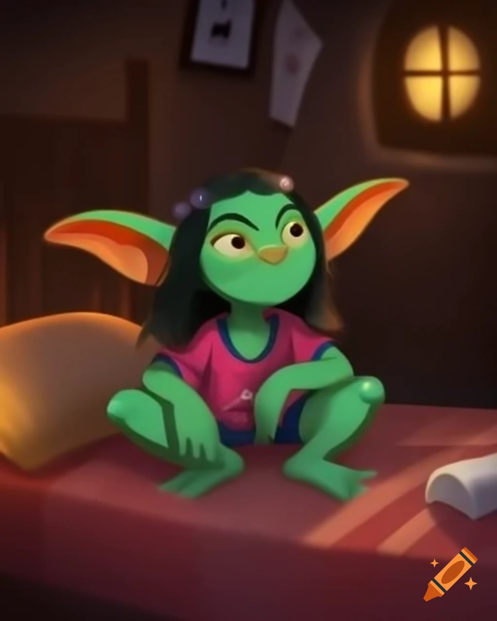 Charming green-skinned goblin girl in colorful pajamas sitting on bed ...