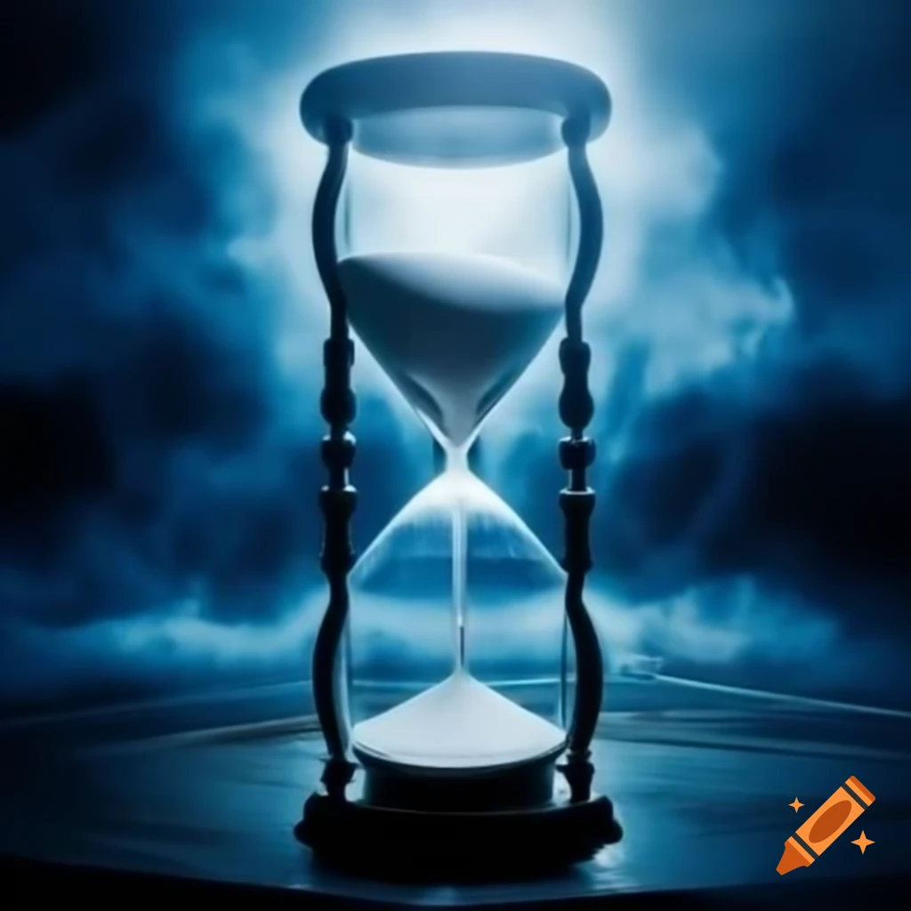 Dramatic hourglass symbolizing the passage of time in misty blue and ...