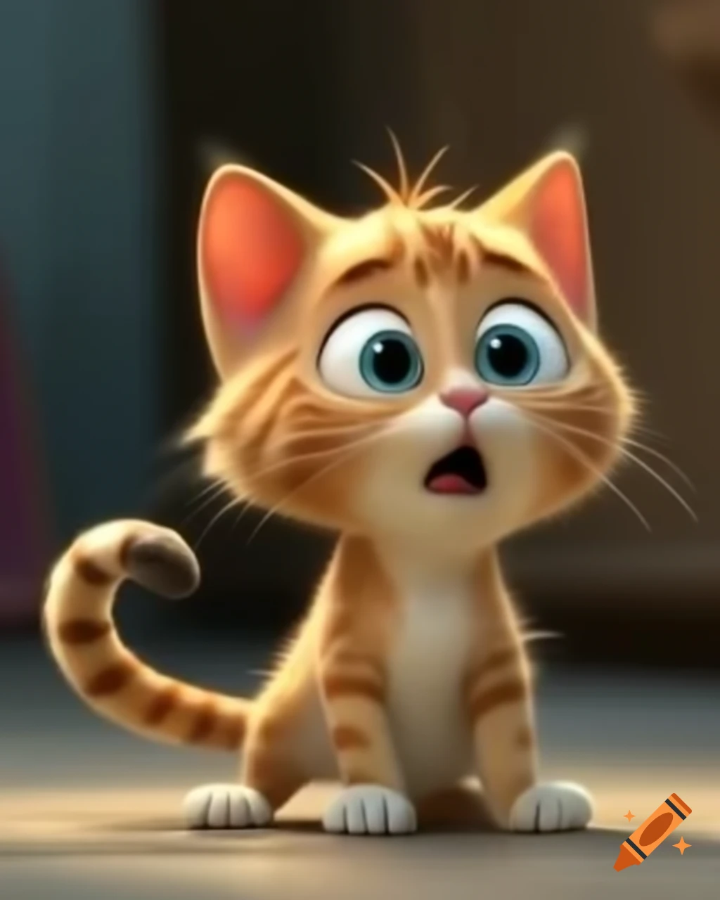 Surprised kitten with puffed tail in cartoon style on Craiyon
