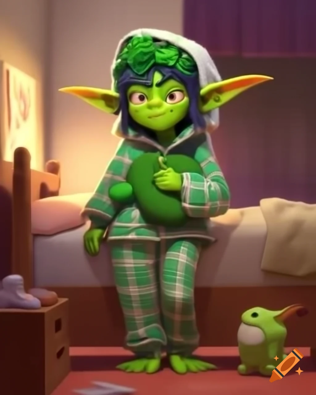 Green-skinned goblin girl in pajamas holding plushy in a bedroom on Craiyon