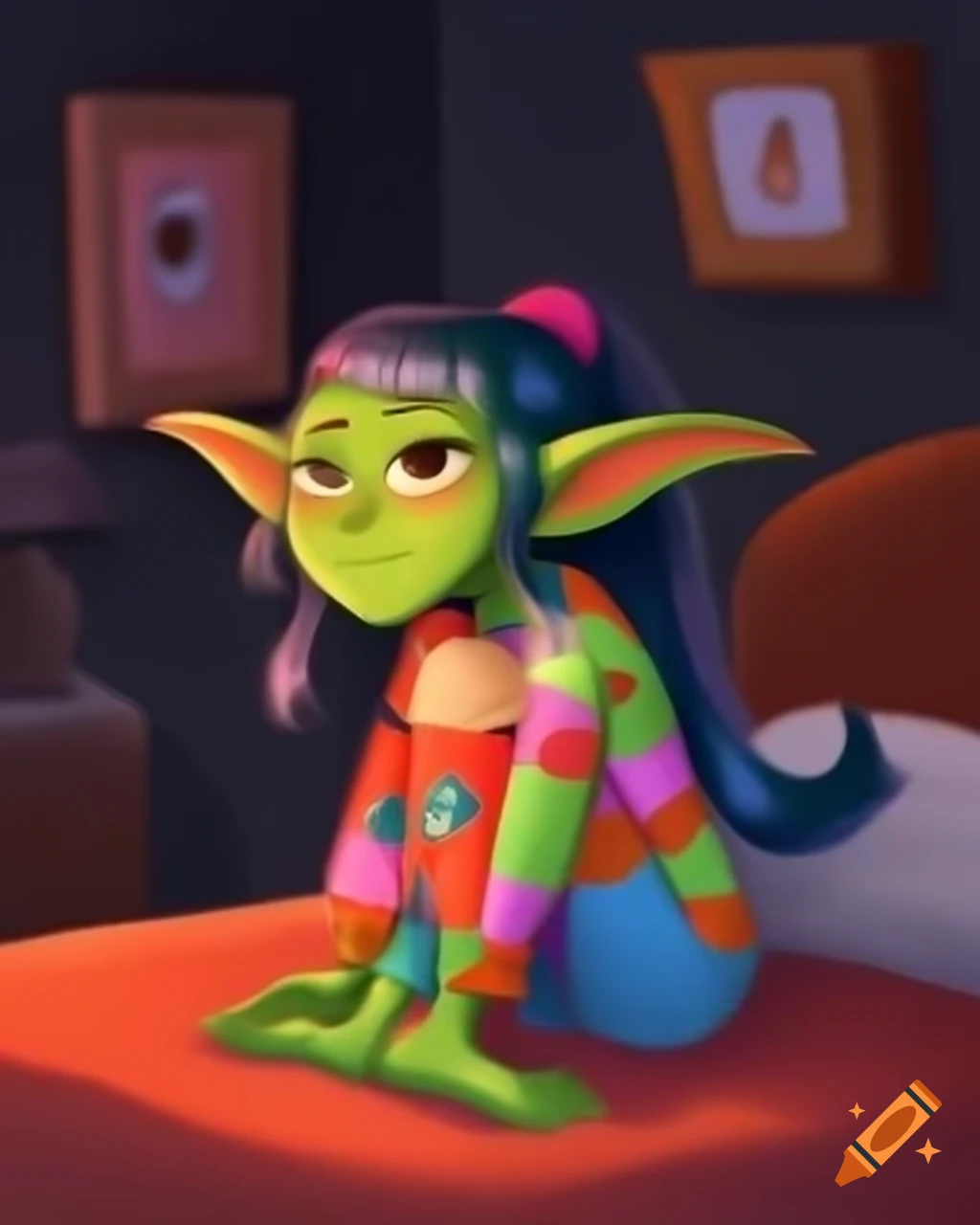 Charming green-skinned goblin girl in colorful pajamas sitting on bed ...