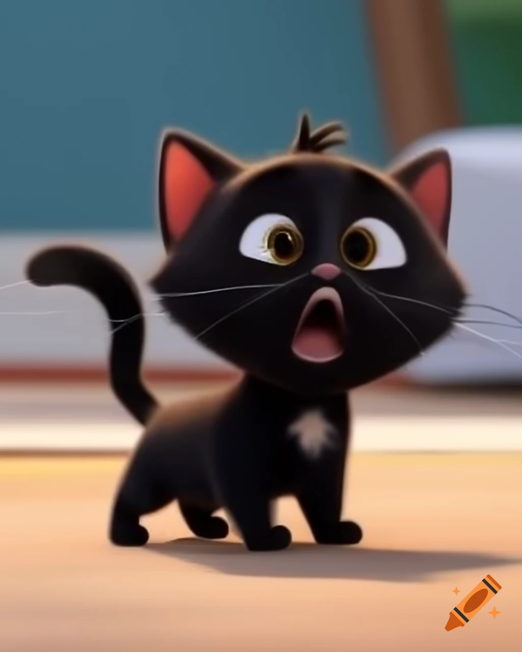 Surprised black kitten with puffed tail, cartoon style on Craiyon