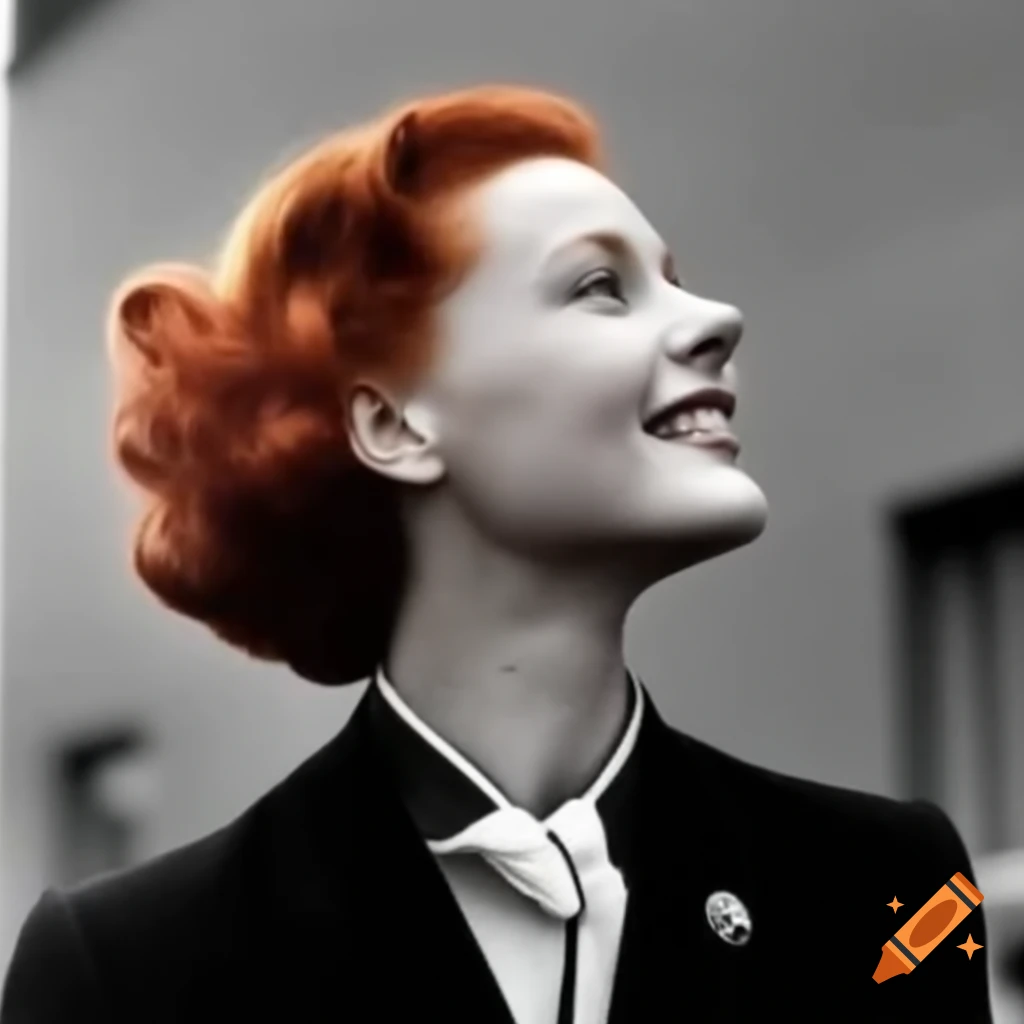 1950s female federal agent in black suit and tie, red hair and freckles ...