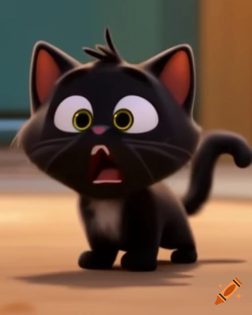 Surprised black kitten with puffed tail, cartoon style on Craiyon