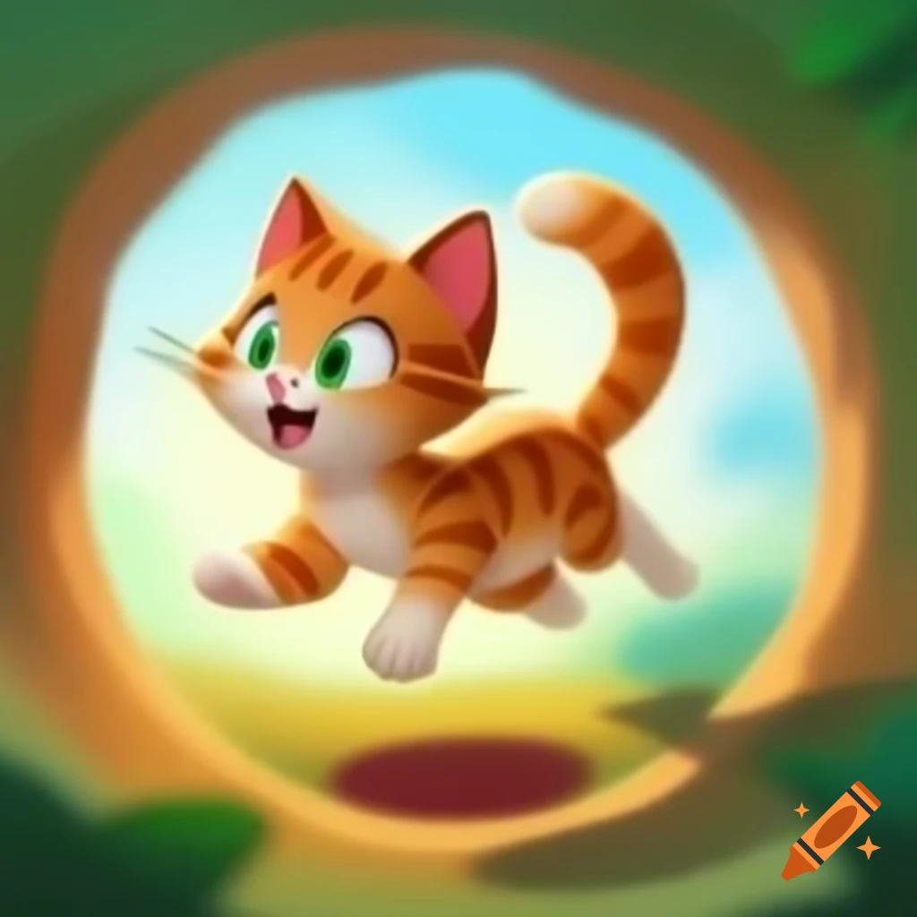 Cartoon kitten playfully chasing its tail in circular motion on Craiyon