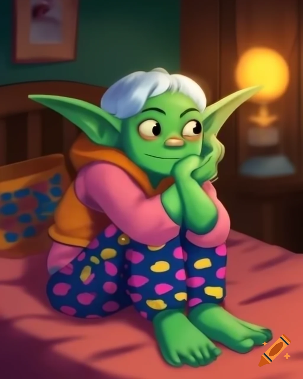 Goblin girl in colorful pajamas sitting on bed in cozy bedroom on Craiyon