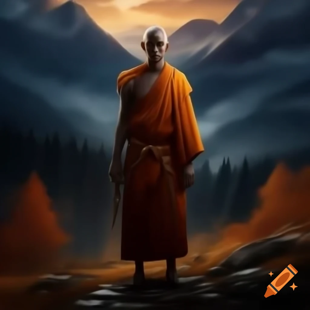 Wandering monk in dark fantasy setting with mountain forest during fall ...
