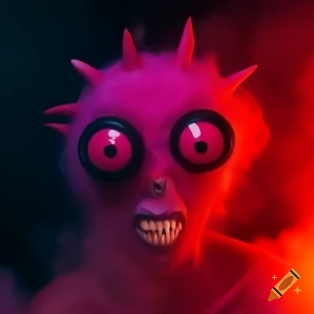 Pink creature with big black eyes and scary face amid red lights and ...