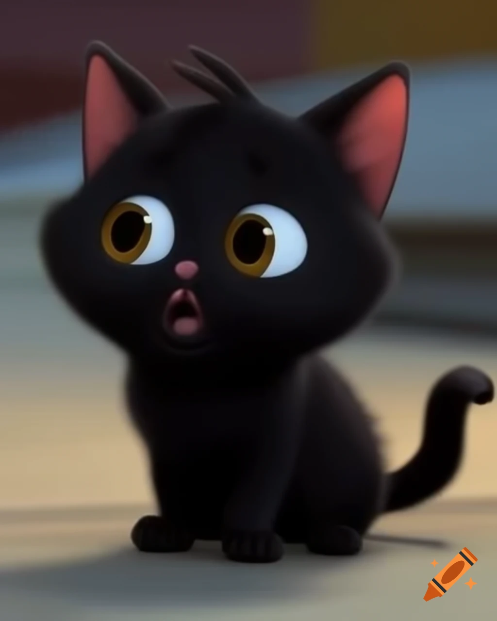 Surprised black kitten with puffed tail in cartoon style on Craiyon