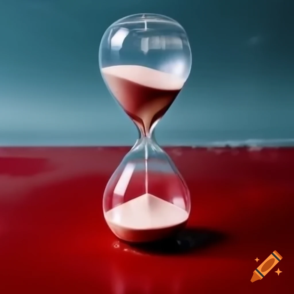 Hourglass with white to blood red sand, resting on reflective surface ...