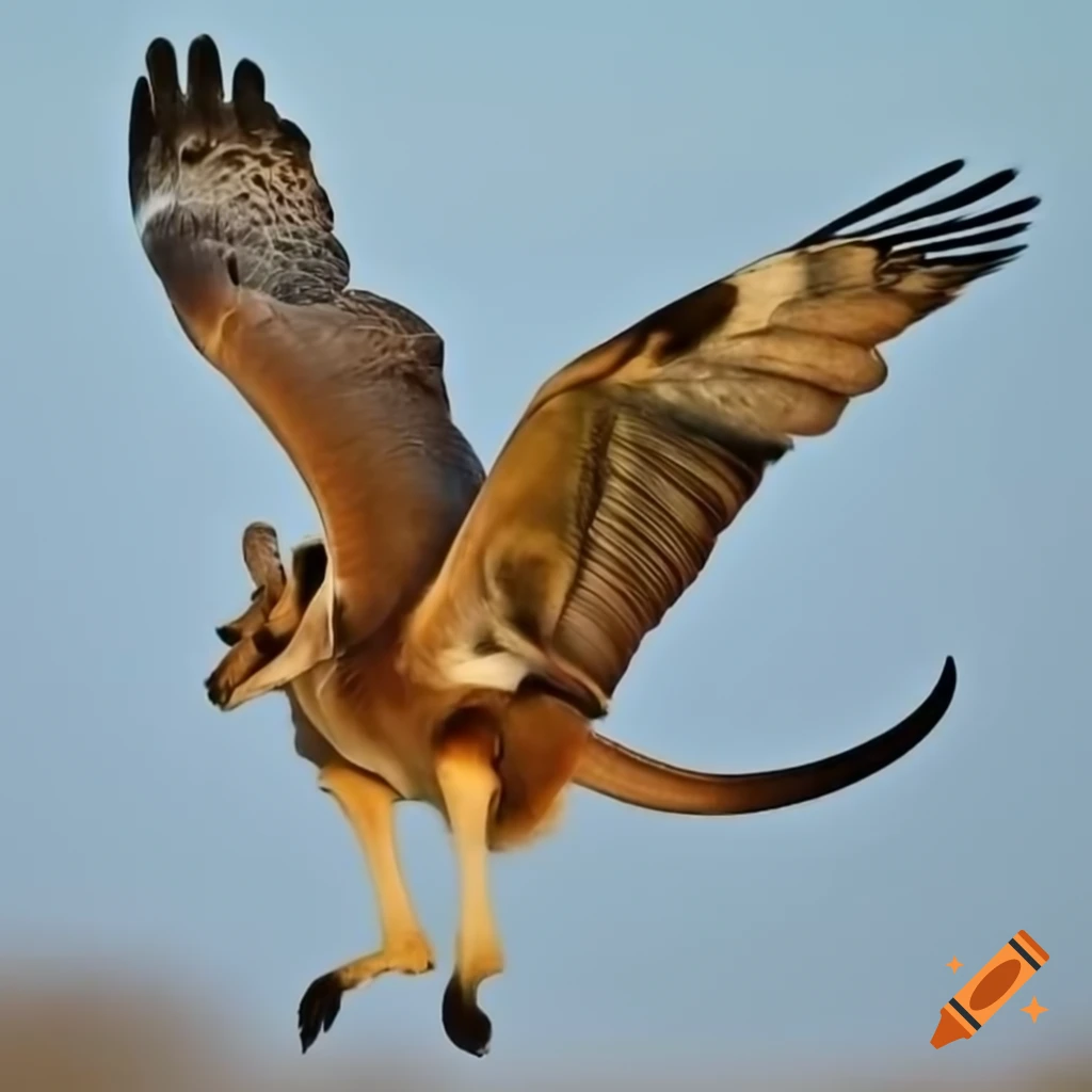 Fantastical kangaroo flying with vibrant hawk wings on Craiyon