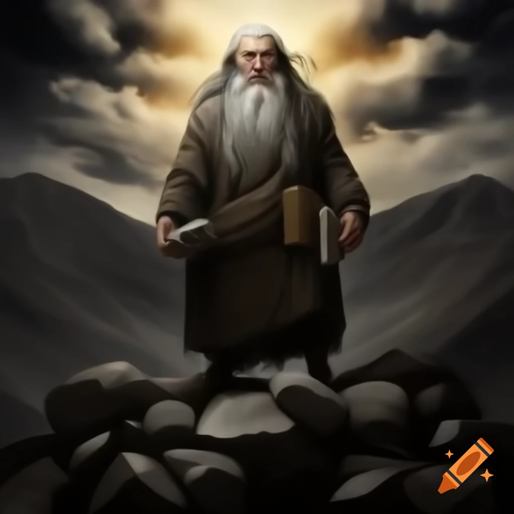 Moses holding stone tablets atop barren mountain with dark clouds and ...