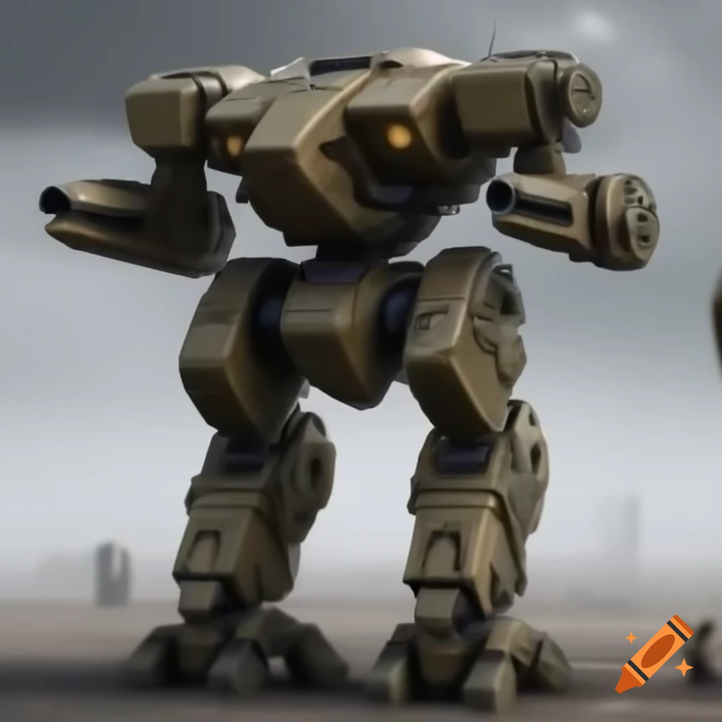 Bulky battle mech with angular design inspired by military tanks on Craiyon