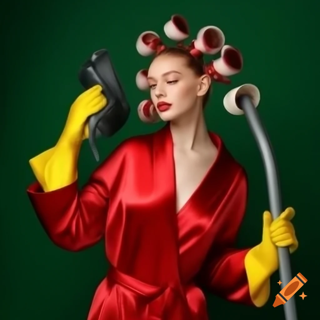 Housewife in red satin robe and yellow gloves vacuuming with hair ...