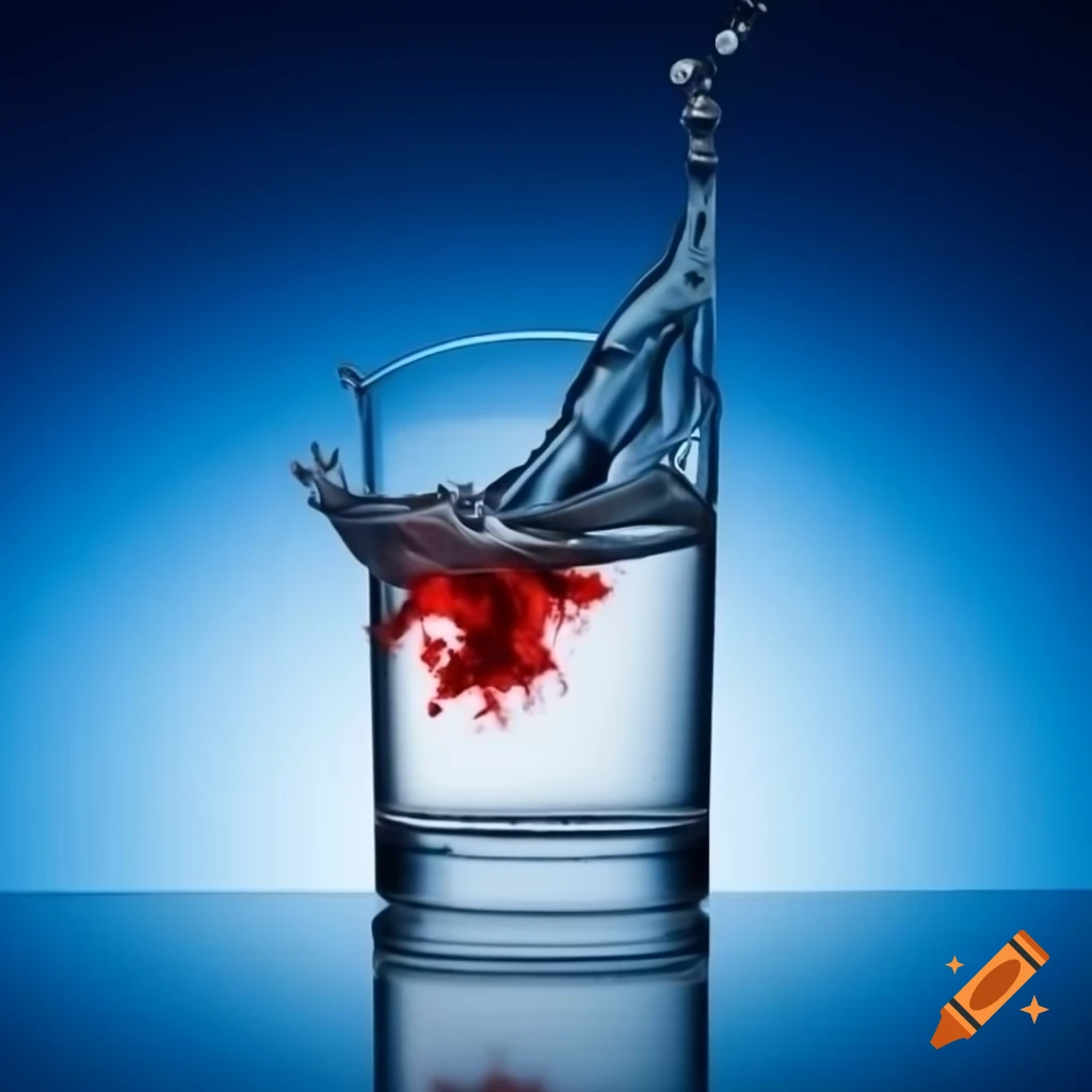 Exploding glass of water with blood red and blue elements on reflective ...