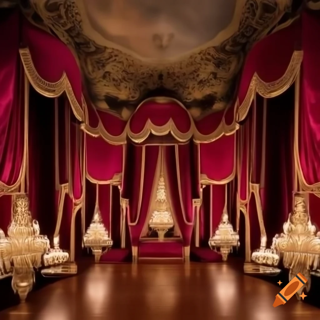 Majestic royal decor with chandeliers, velvet drapes, and gold-trimmed ...