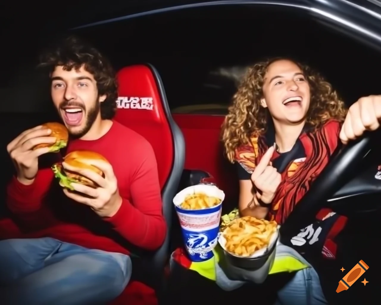 Two friends enjoying sim racing while eating American food like burgers ...
