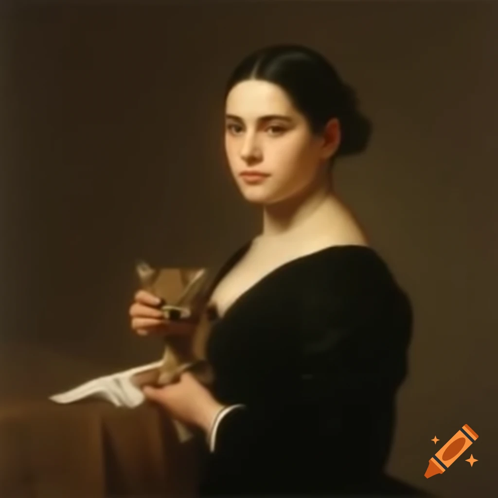 Woman in black blouse from waist up, seated pose for oil painting on ...