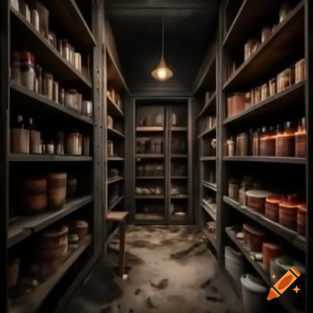 Realistic photo of old, abandoned food pantry shelves with a horror ...