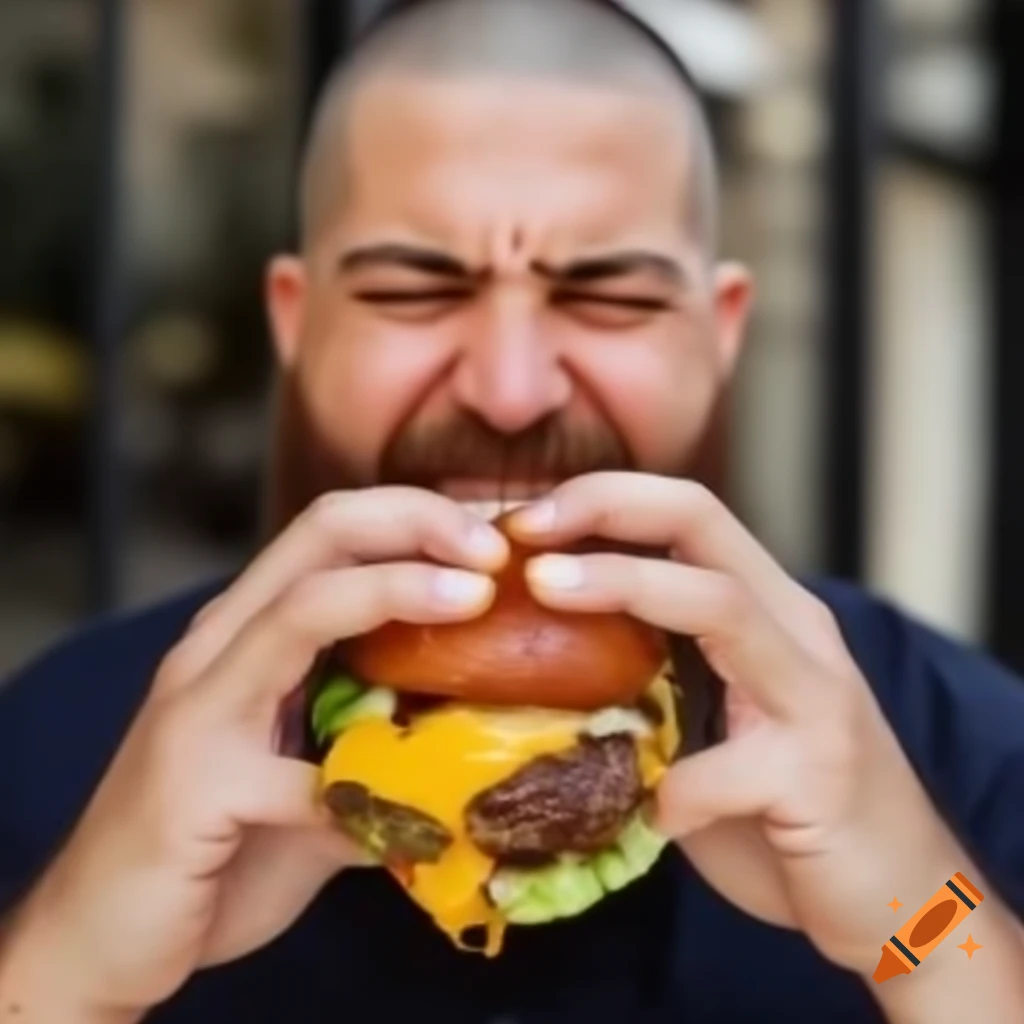 Man with buzz cut and beard enjoying a juicy burger on Craiyon