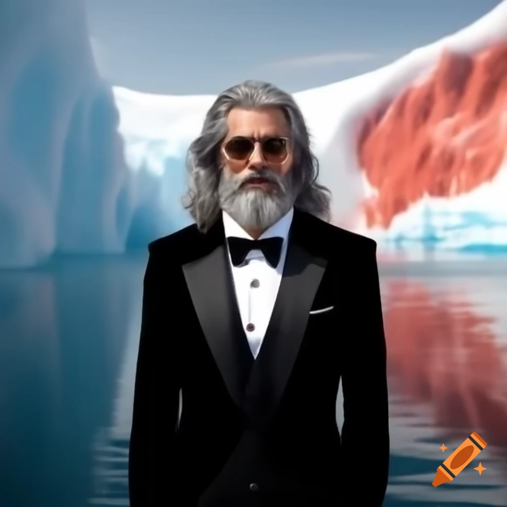 Young Zeus/Jesus in tuxedo on giant red iceberg on Craiyon