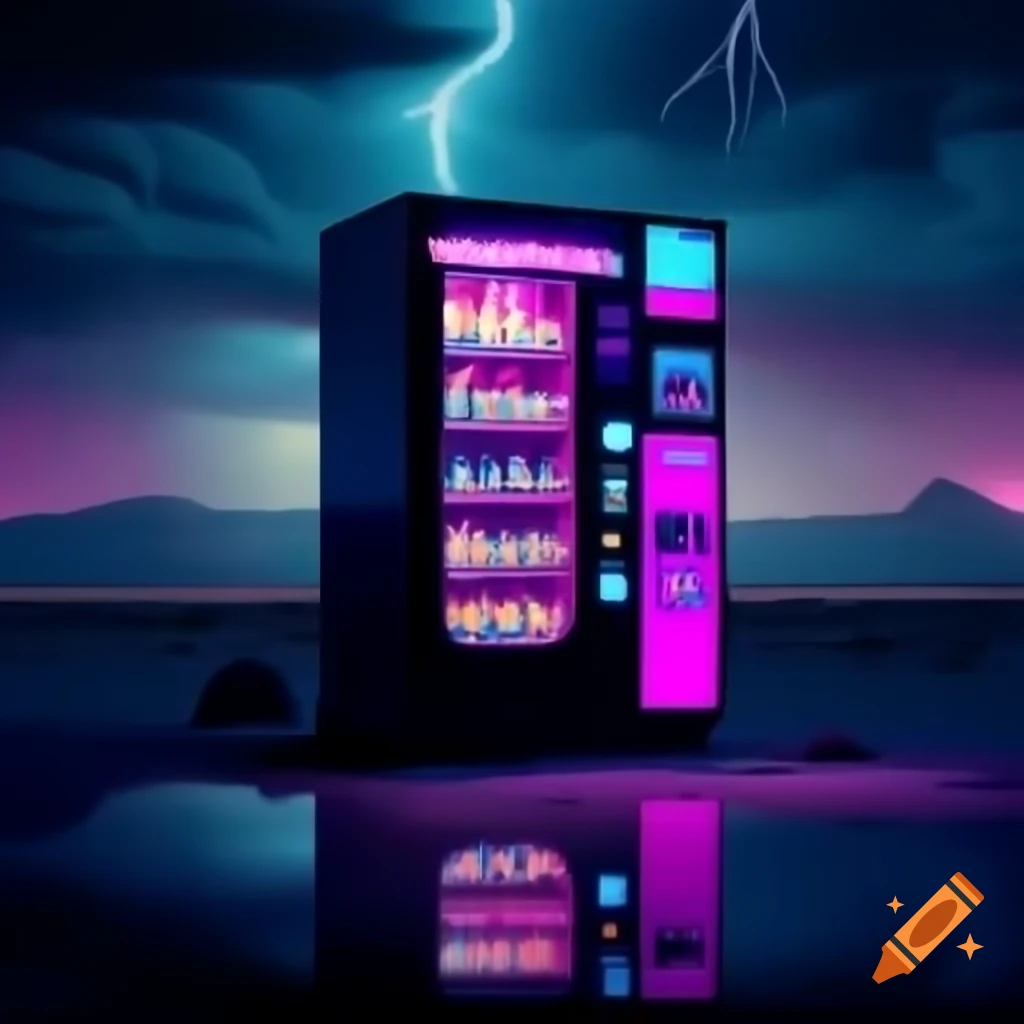 Vending machine in desert with impossible items under stormy purple sky ...