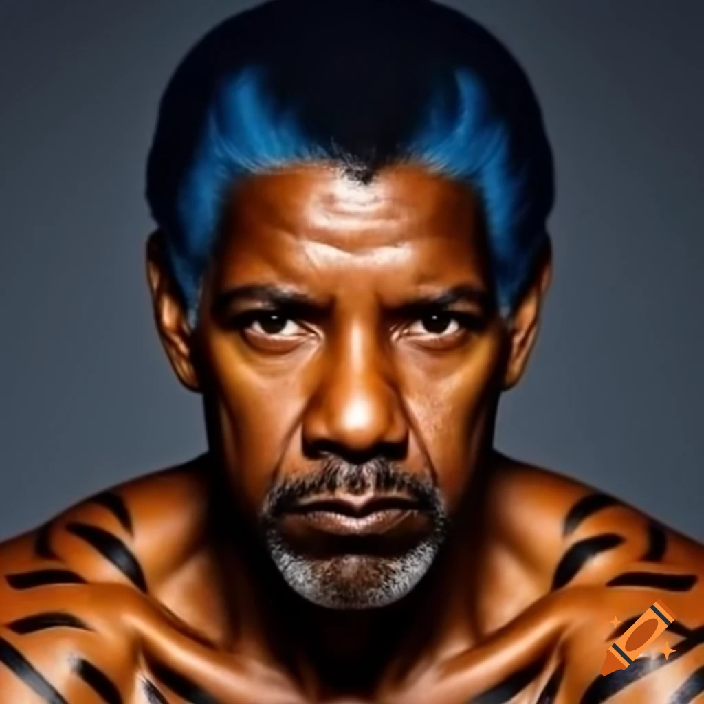 Muscular man with tiger-style makeup, blue hair, and black stripes on ...