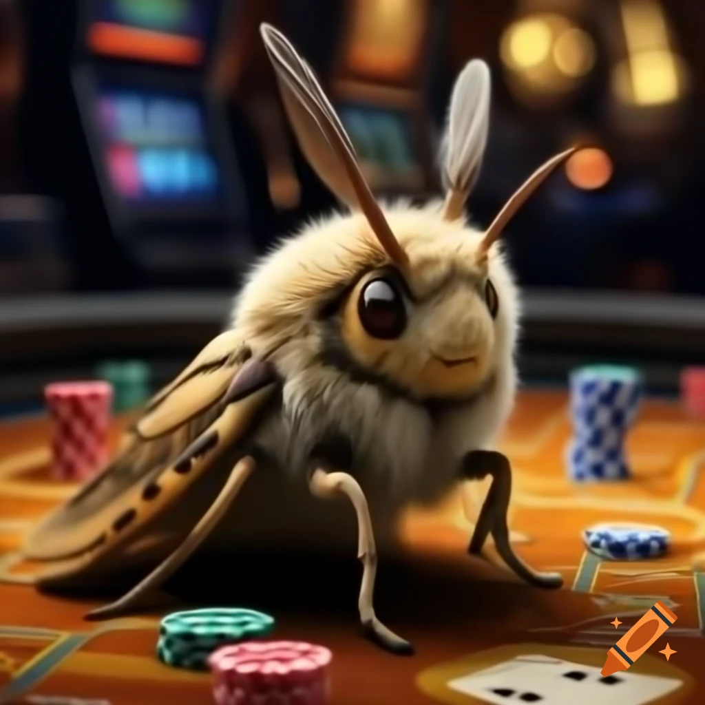 Realistic moth with fuzzy antennae in vibrant casino scene with poker ...