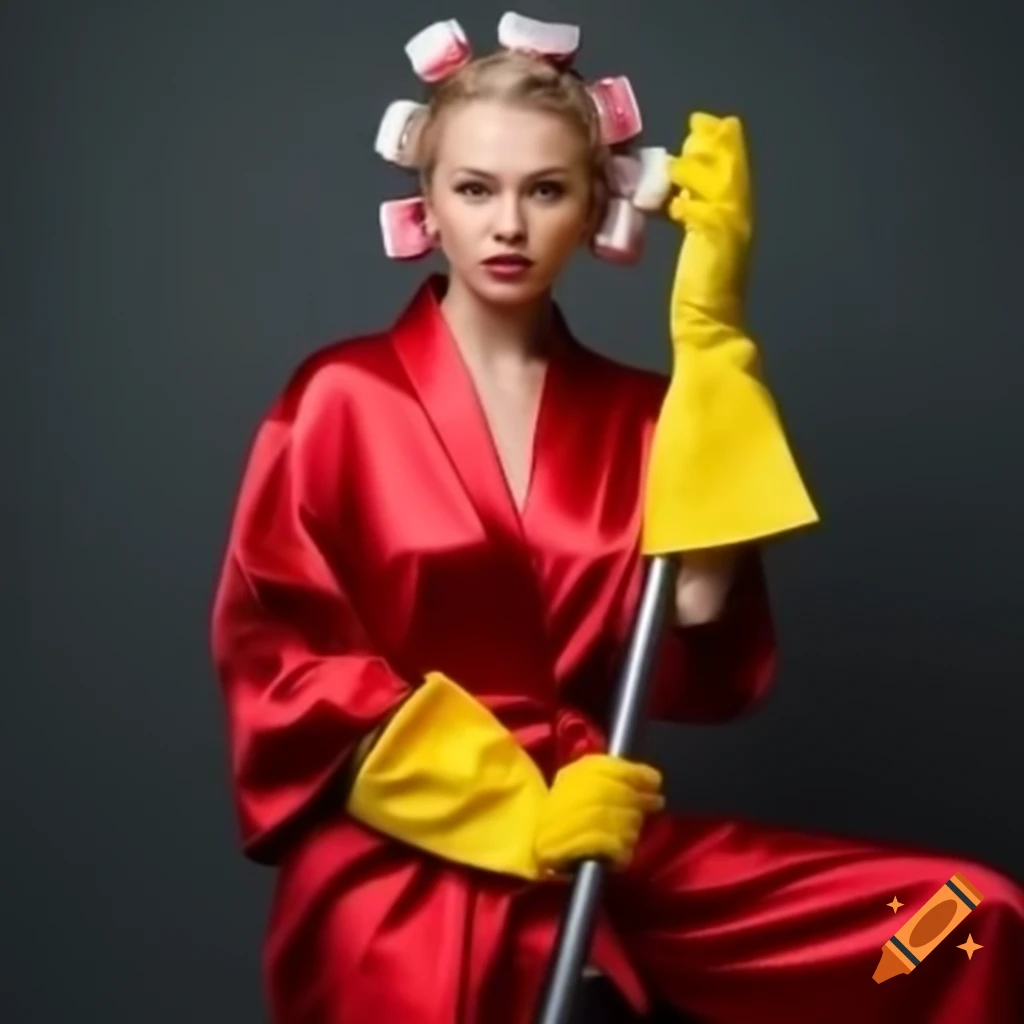 Caucasian housewife in satin robe and hair rollers vacuuming on Craiyon