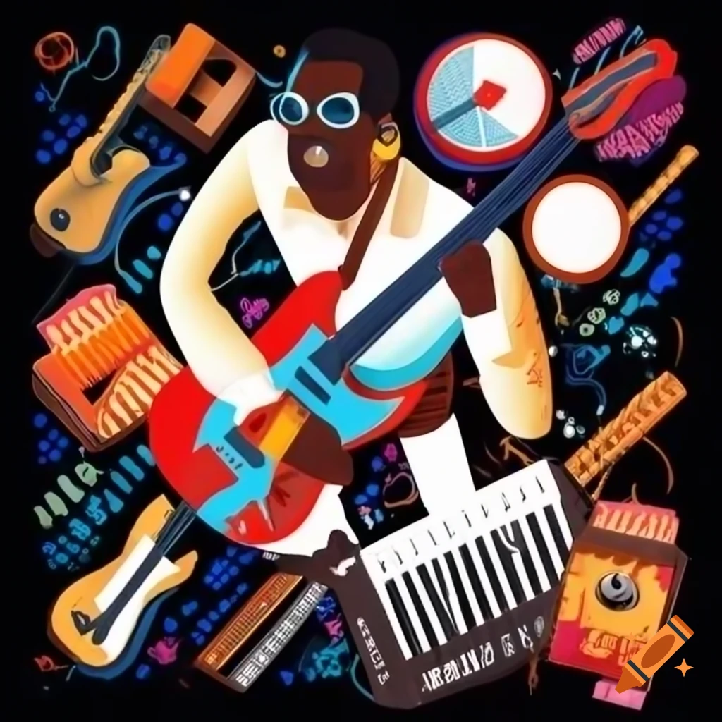 60s-70s style scene of black man in colorful bell bottoms walking among ...