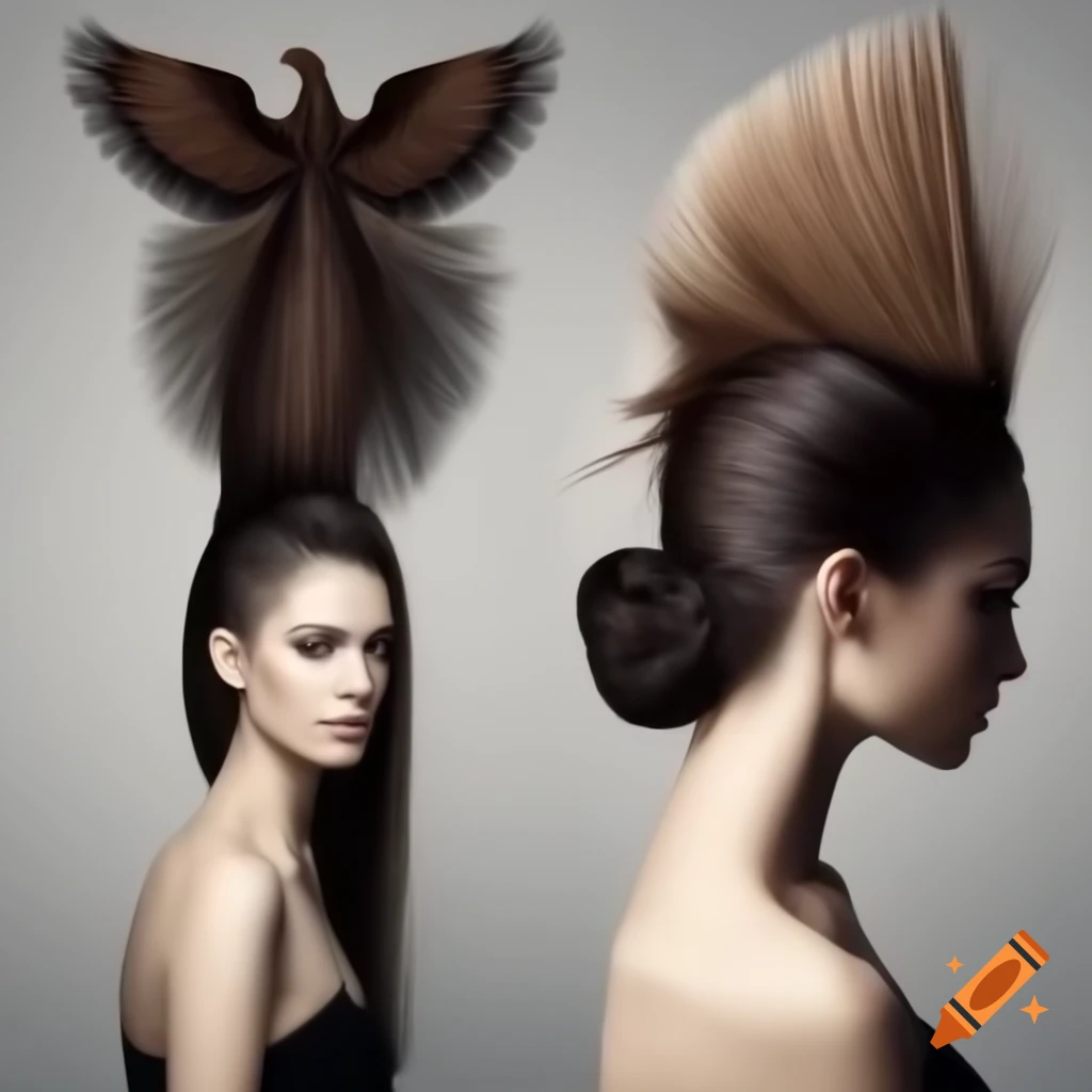 Artistic hairstyle resembling a phoenix with wings and flowing tail on ...
