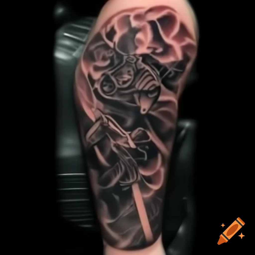 Hyper-realistic Japanese sleeve tattoo with samurai in battle and ...