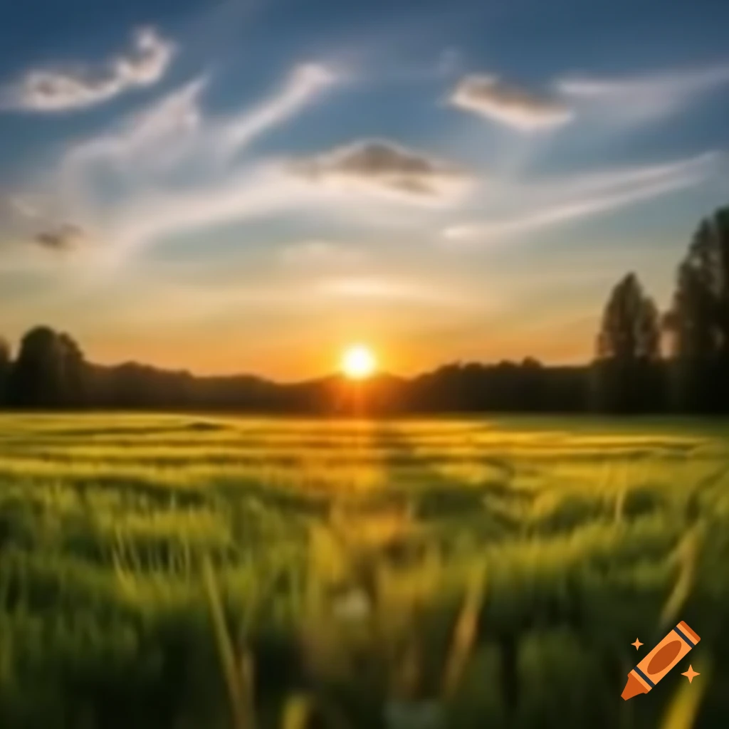 Golden sunrise over peaceful green meadow with trees on Craiyon