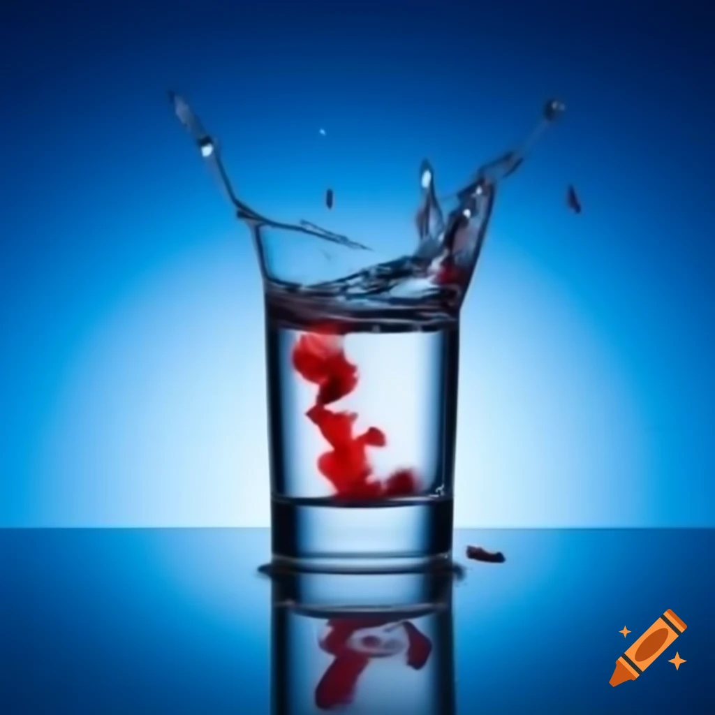 Glass of water exploding with red elements against blue background on ...