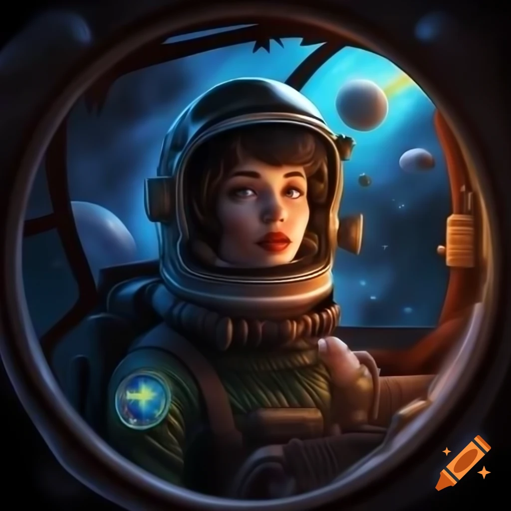 1940s retro space explorer in rocketship gazing at cosmic nebula on Craiyon