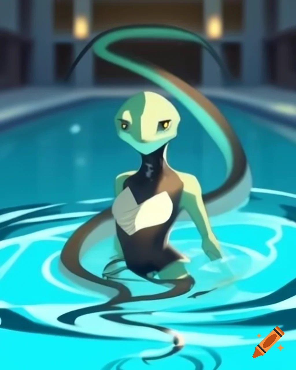 Anime illustration of lizardfolk girl in leotard at indoor pool on Craiyon