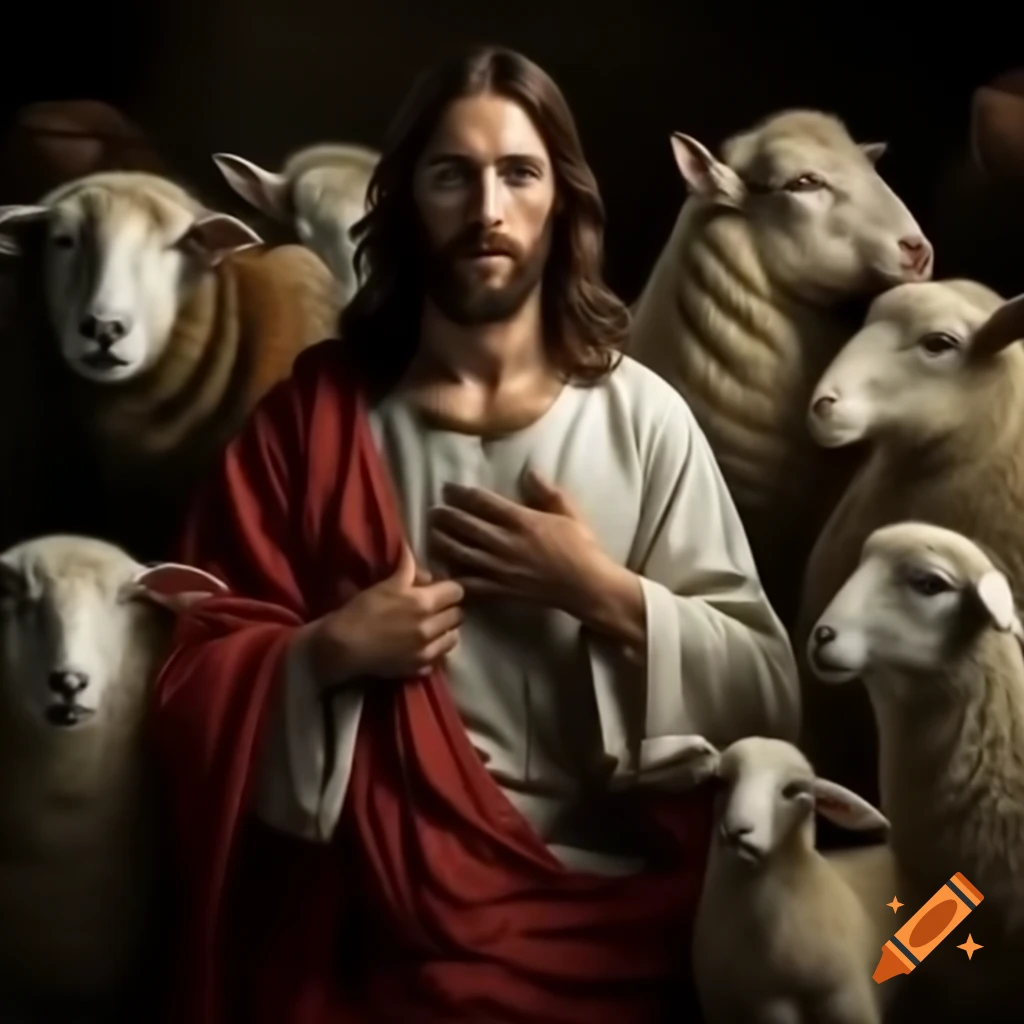 Christ as the Shepherd caring for sheep and animals, symbolizing love ...