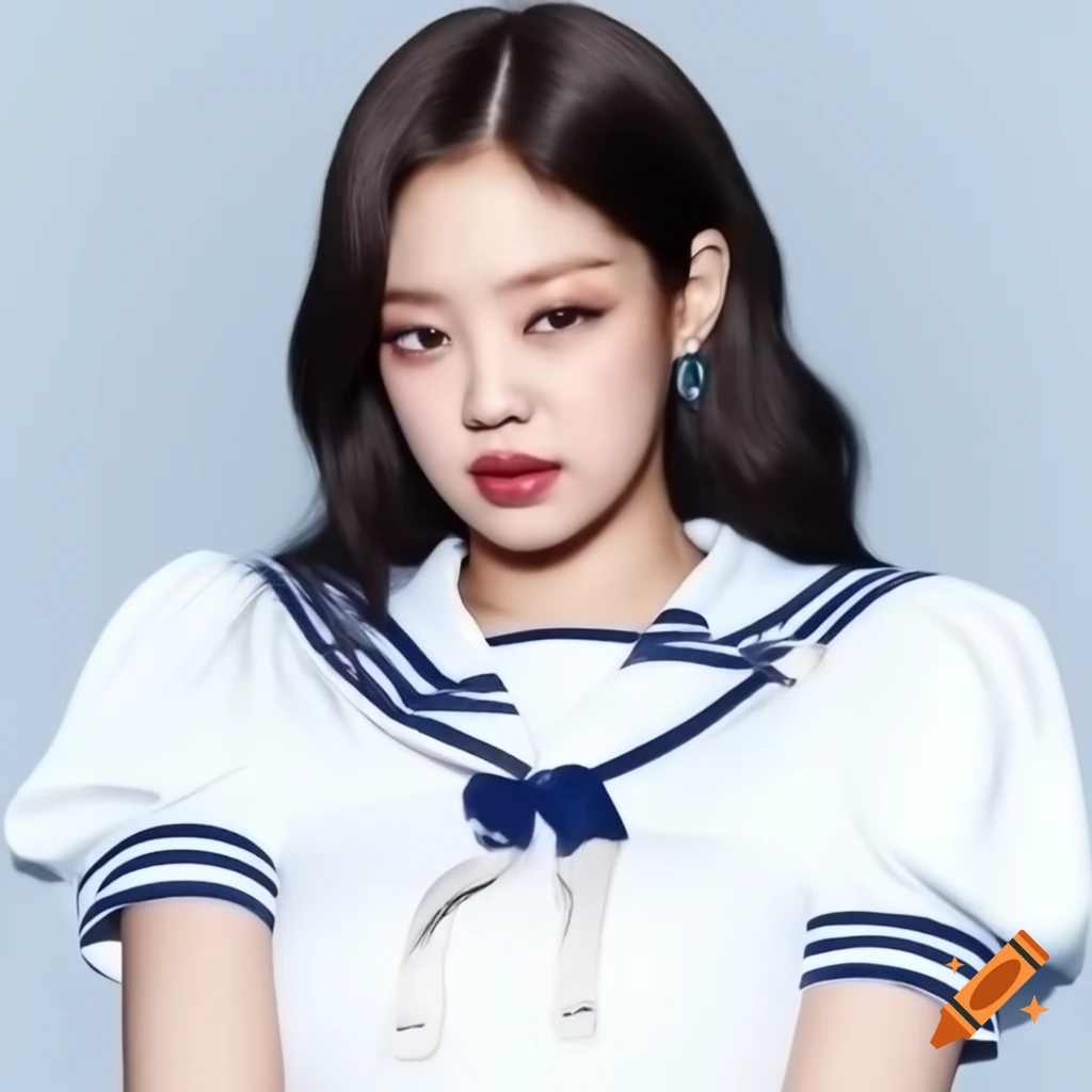Jennie from BLACKPINK in sailor-inspired white dress with navy blue ...